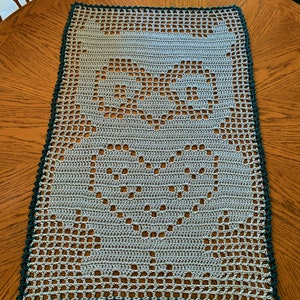 Filet Crocheted Owl Table Runner: Silver Gray & Jade Decor - Etsy
