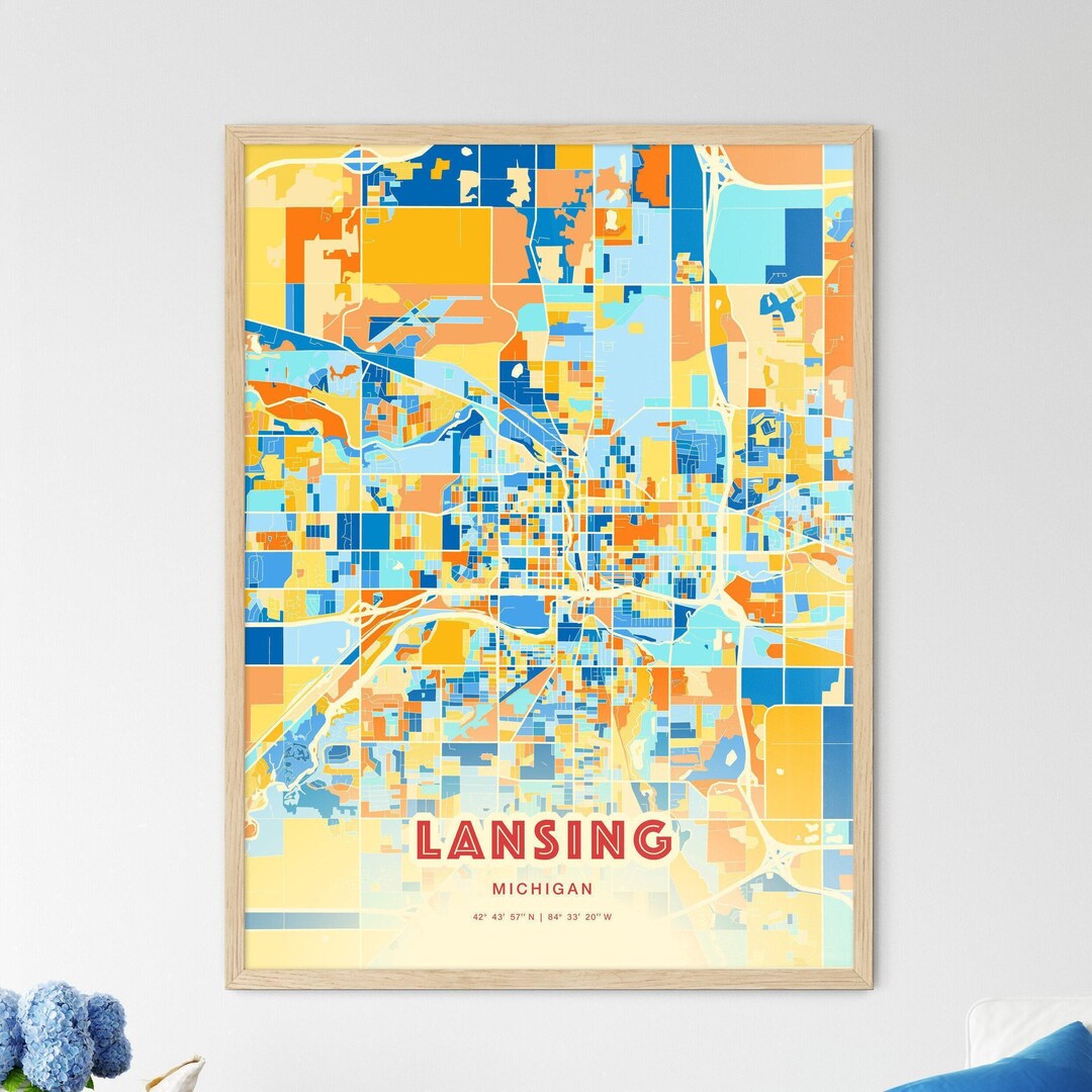 Lansing Michigan Coastal Colors Art Map, Lansing Usa Two-toned Creative ...