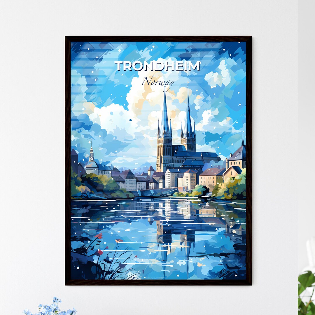 A Poster of Trondheim Norway Skyline A Painting of A Town With A Castle ...