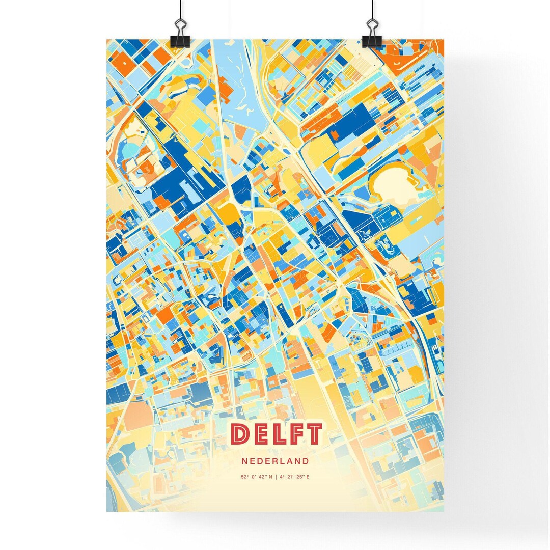 Delft Netherlands Coastal Colors Art Map, Delft Nederland City Map ...