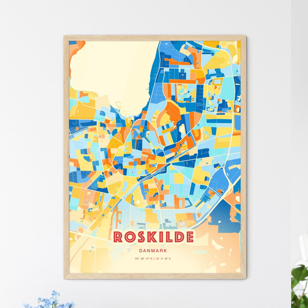Roskilde Denmark Coastal Colors Art Map, Roskilde Danmark City Map ...