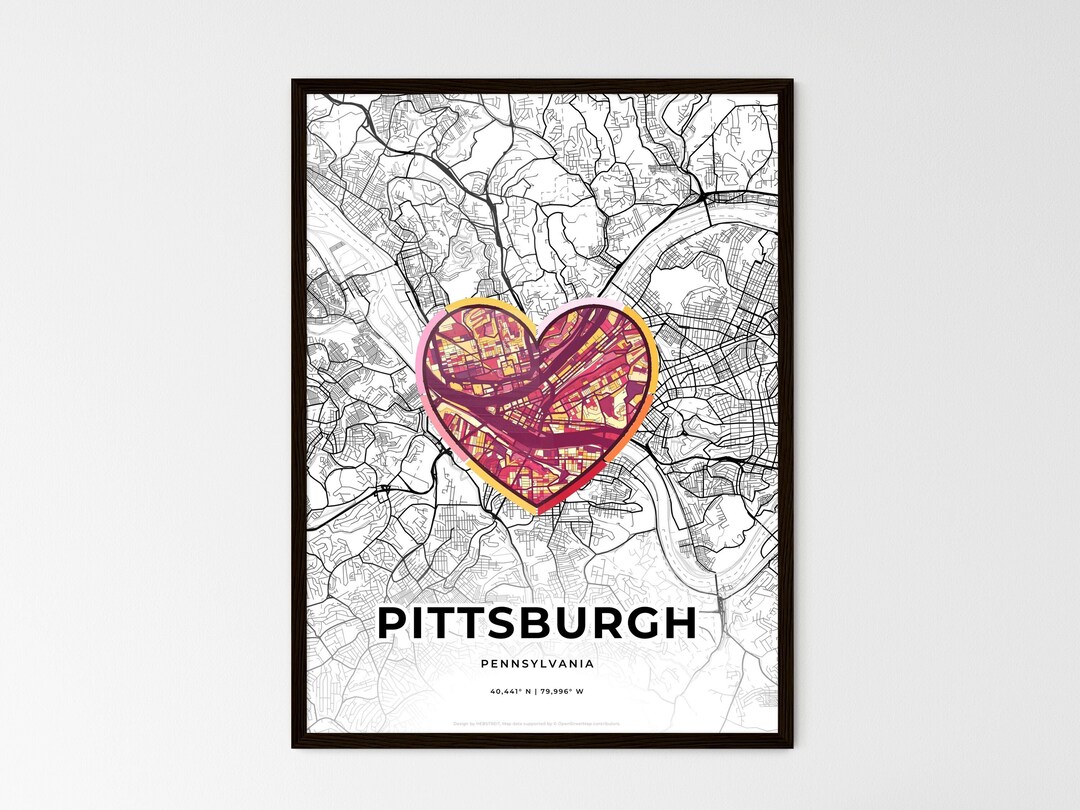 Pittsburgh Map Art With Colorful Icon - Choose One of Three Styles ...