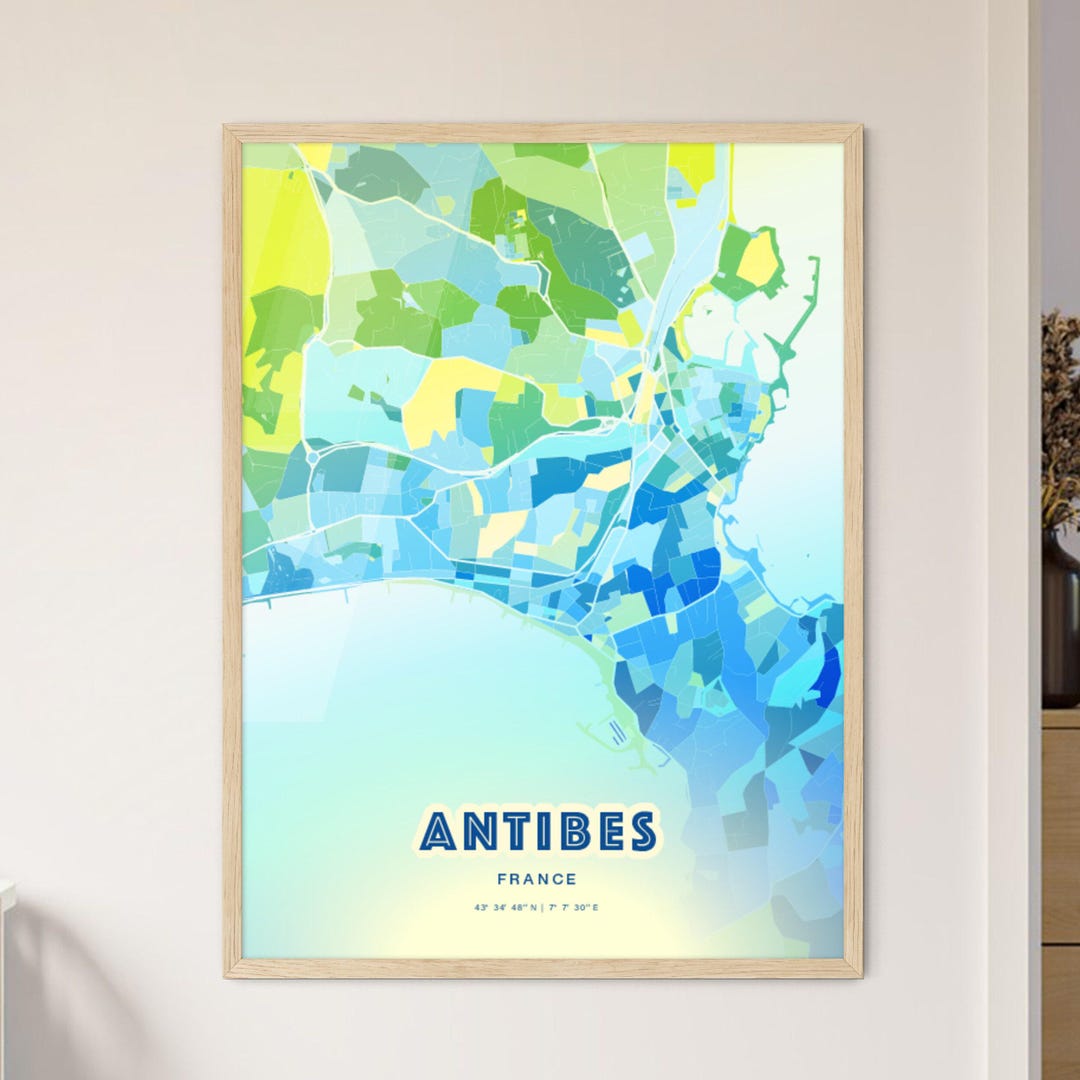 Antibes France Bluish Art Map Customizable Poster Print, Unique Wall ...