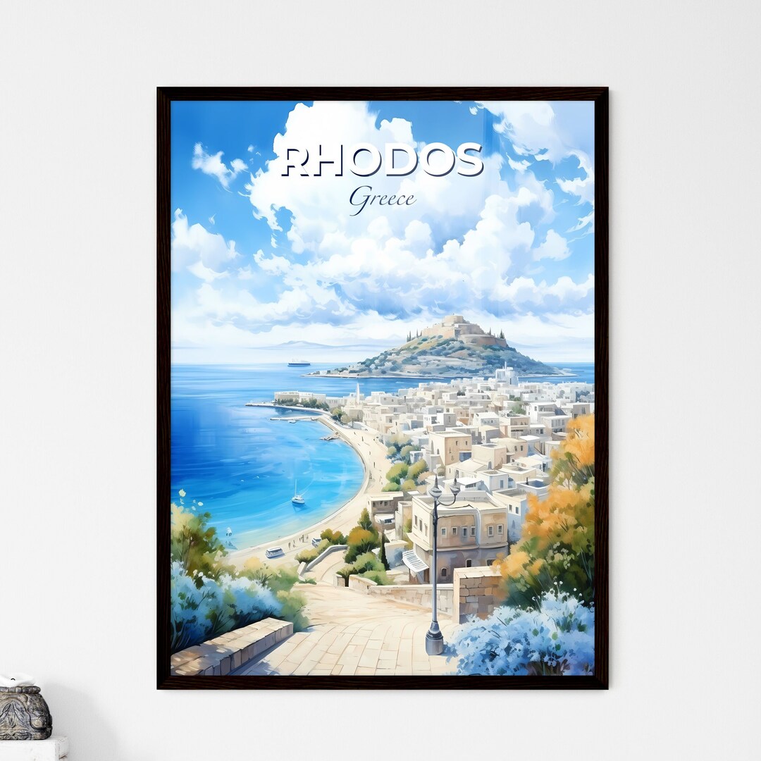 Rhodos Greece Skyline A Watercolor Painting of A City and A Beach ...