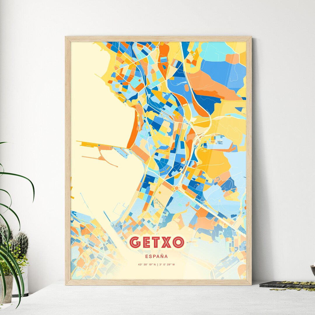 Colorful GETXO SPAIN Blue Orange Fine Art Print, Getxo España City Map ...