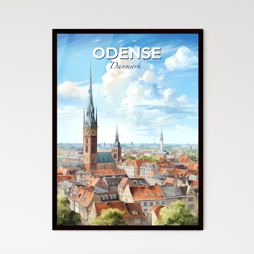 Ein Poster von Odense Danmark Skyline Eine Stadt mit Uhrenturm ...