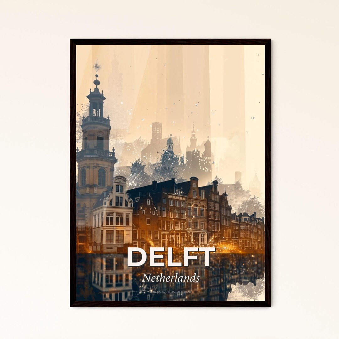 Delft Double Exposure Skyline Poster Art A City With a Tower and ...