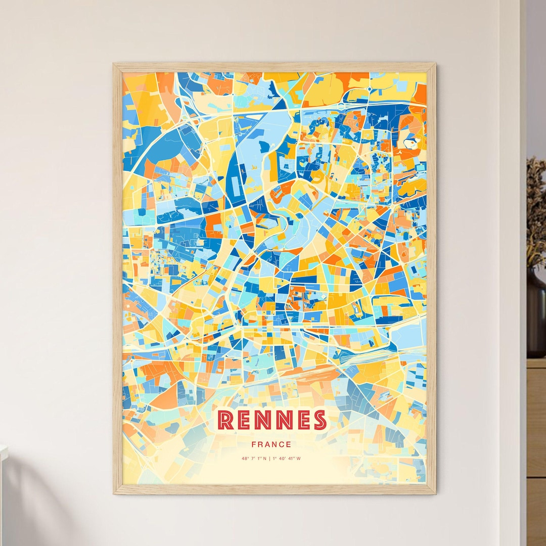 Rennes France Coastal Colors Art Map, Rennes France City Map ...