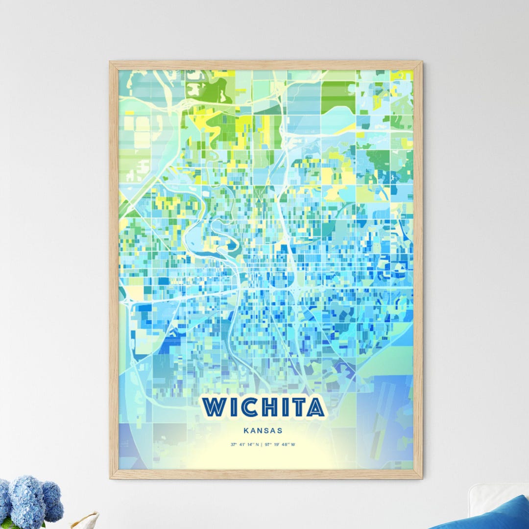 Wichita Kansas Bluish Art Map Customizable Poster Print, Unique Wall ...