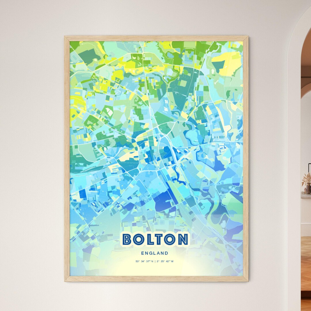 Bolton England Bluish Art Map Customizable Poster Print, Unique Wall ...