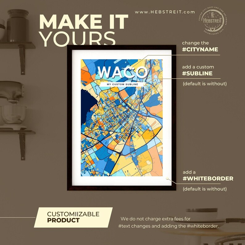 Waco Texas Art Map – Vibrant Wall Decor Print | Unique Gift for Home ...