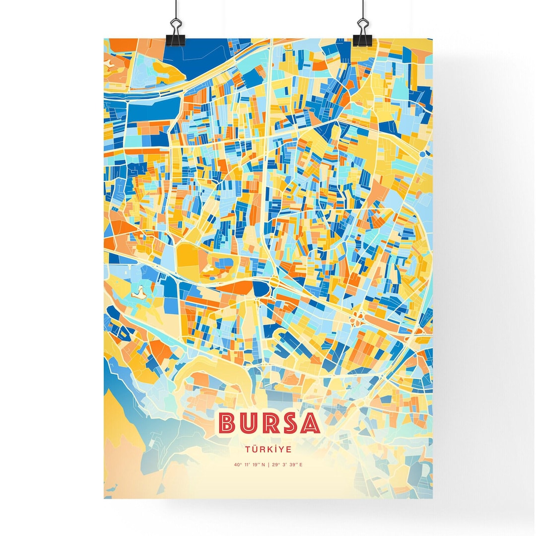Bursa Turkey Coastal Colors Art Map, Bursa Türkiye City Map ...