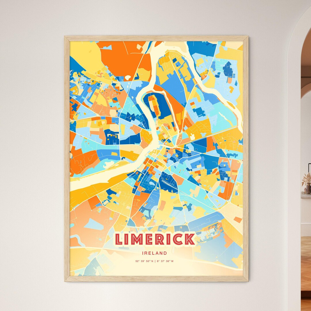Limerick Ireland Coastal Colors Art Map, Limerick Ireland City Map ...