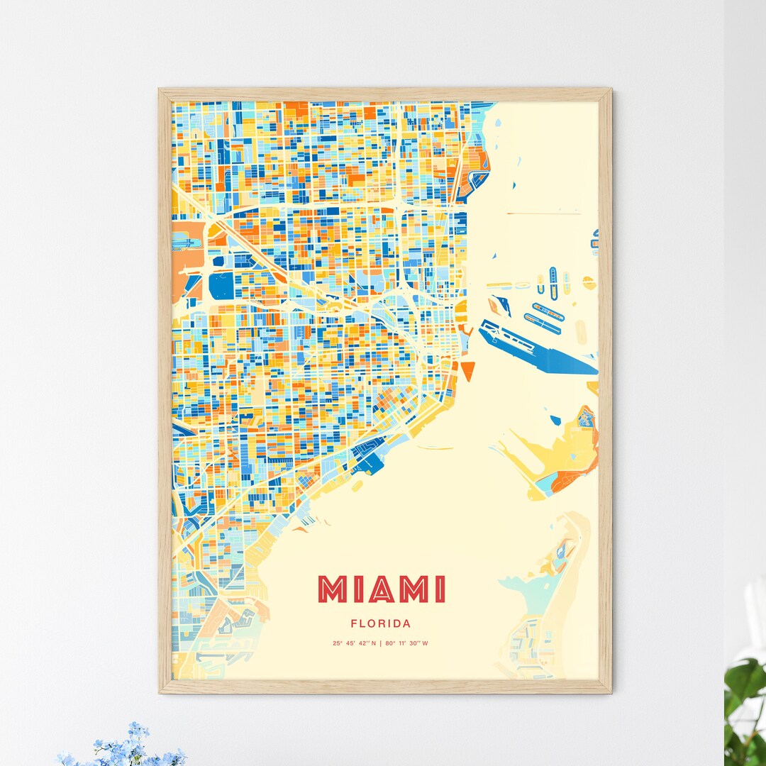 Colorful MIAMI FLORIDA Blue Orange Fine Art Print, Miami Usa City Map ...