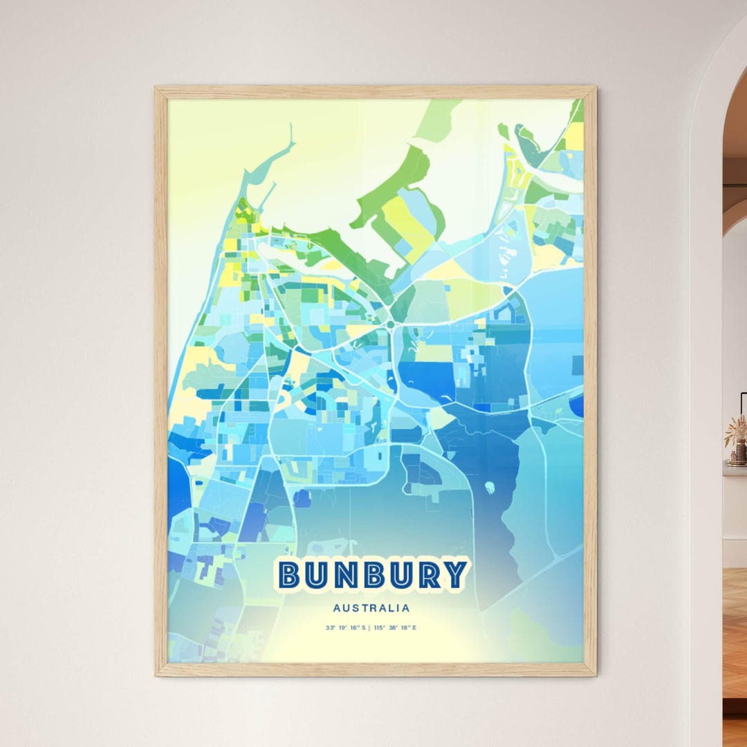 Bunbury Australia Bluish Art Map Customizable Poster Print, Unique Wall ...