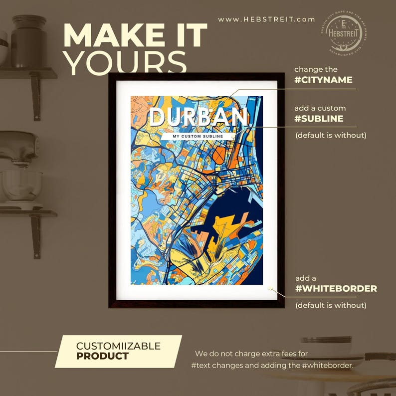 Durban South Africa Art Map Poster - Vibrant, Unique Wall Decor for ...