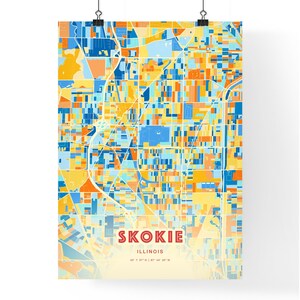 Skokie Illinois Coastal Colors Art Map Skokie United States City Map ...