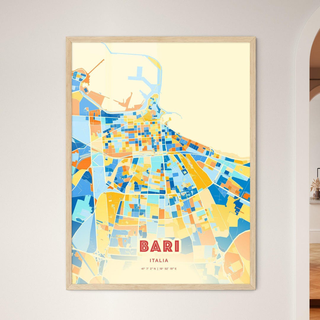 Bari Italy Coastal Colors Art Map, Bari Italia City Map - Customizable ...