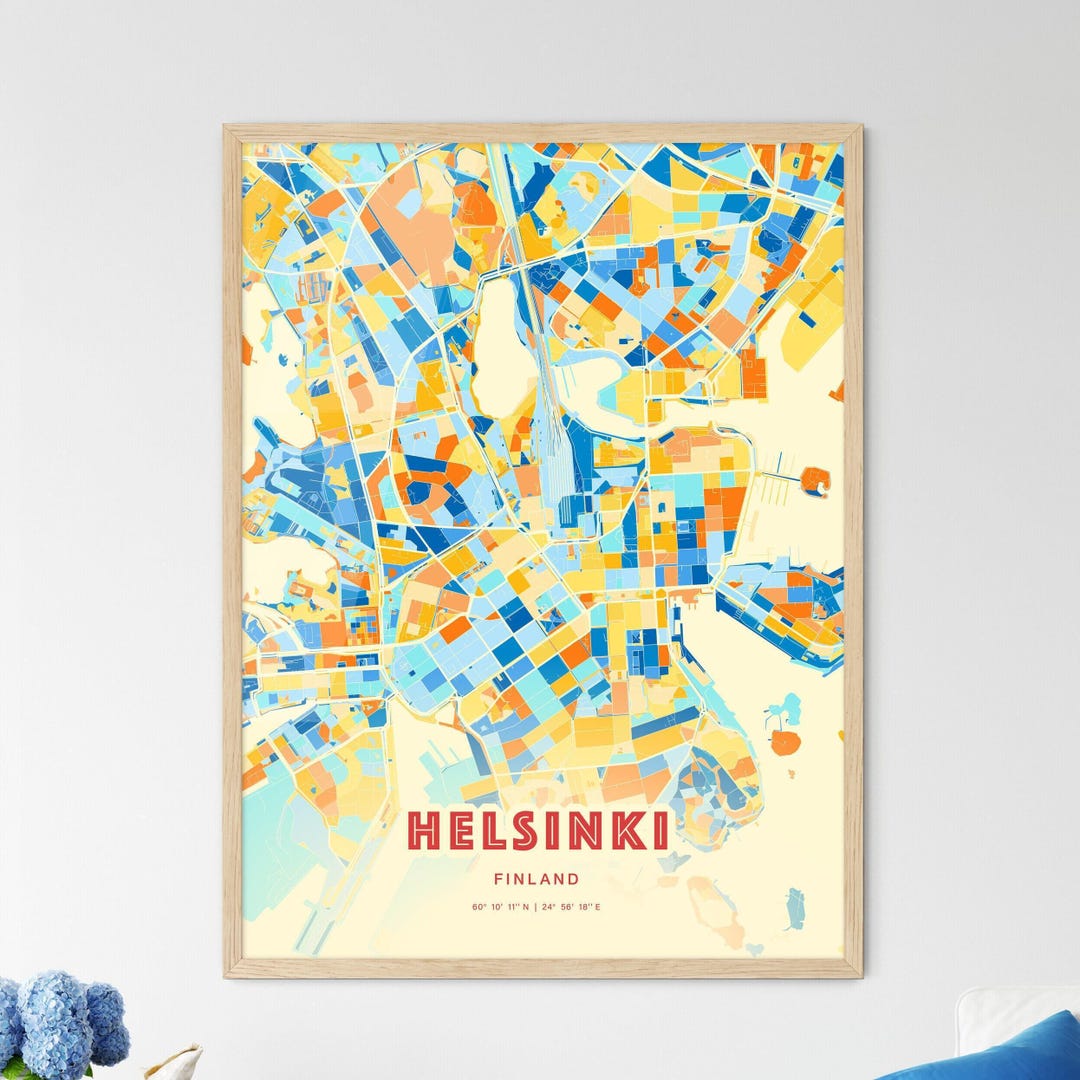 Helsinki City Map Print: Colorful Blue and Orange Design (digital or ...