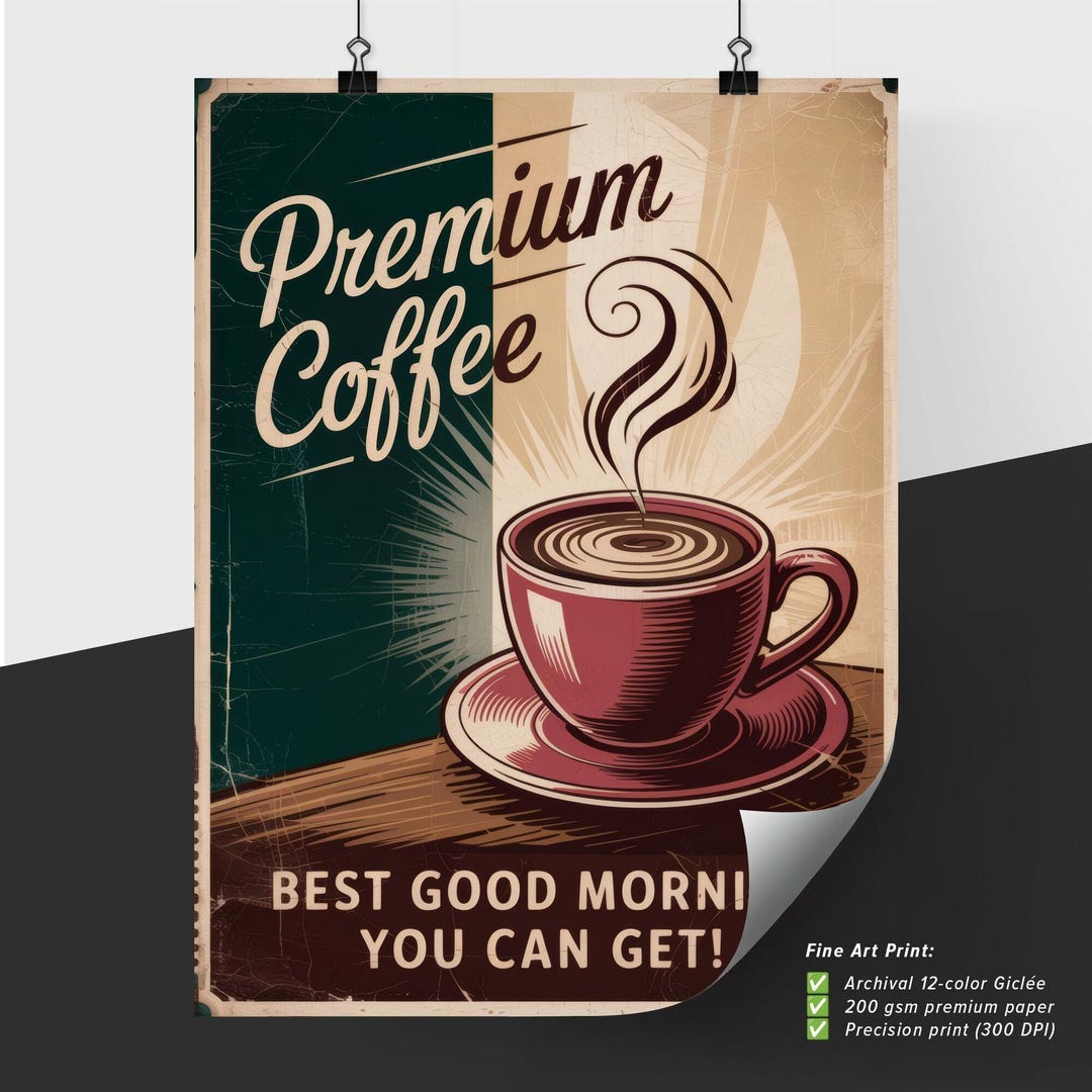 Vintage Coffee Ad, Retro Cafe Art, Polka Dot Design, Bold Wall Decor ...