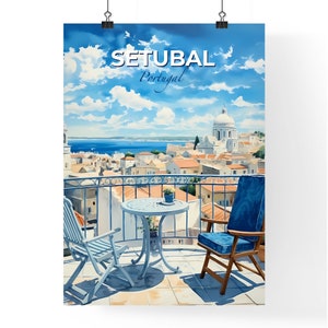 Setubal, Portugal, a Chair and Table on a Balcony Overlooking a City ...