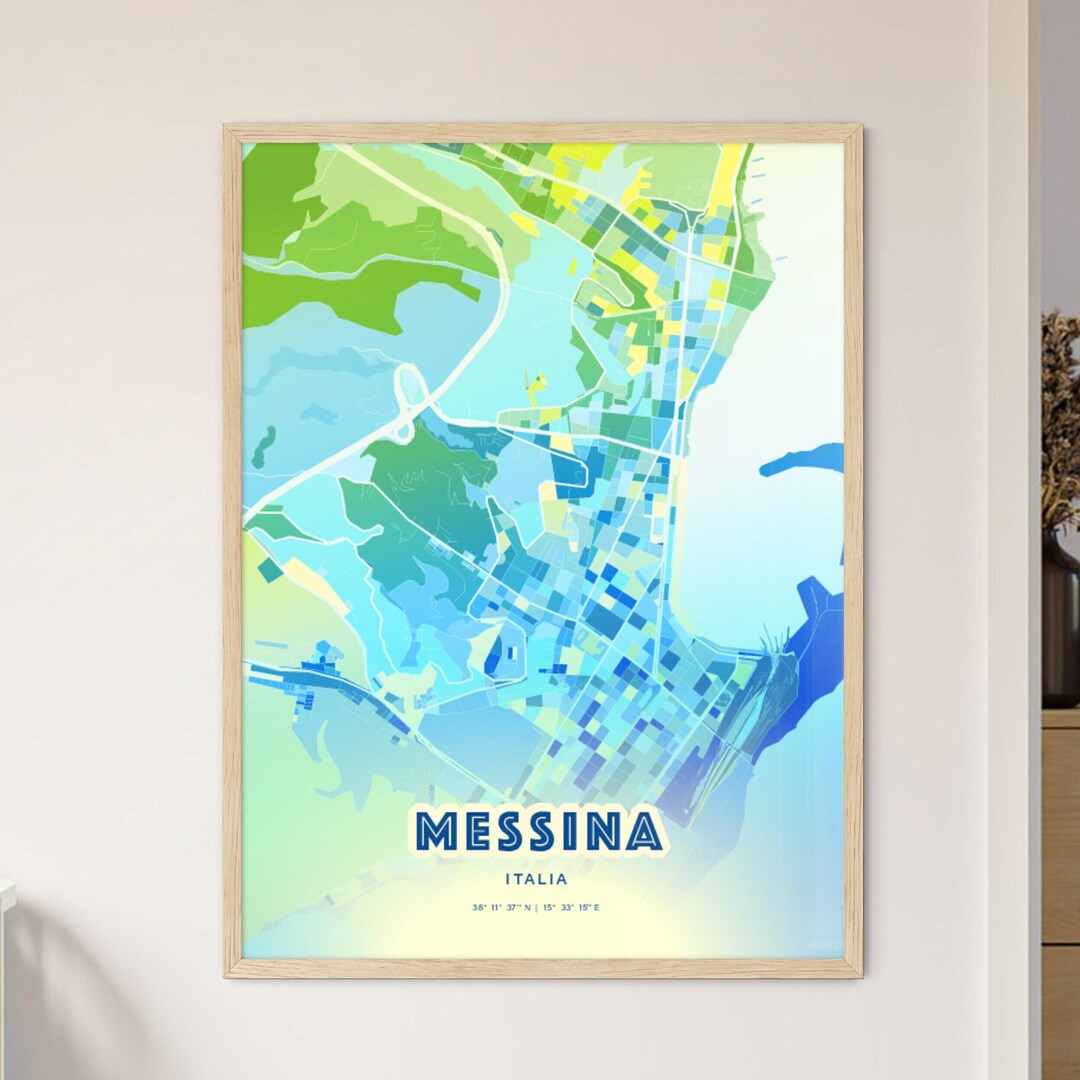 Messina Italy Bluish Art Map Customizable Poster Print, Unique Wall ...