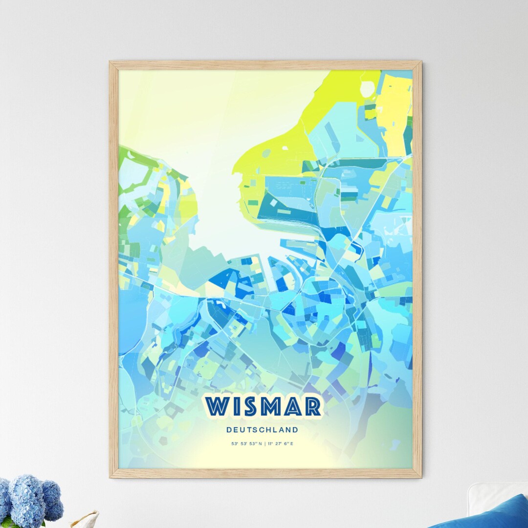 Wismar Germany Bluish Art Map Customizable Poster Print, Unique Wall ...