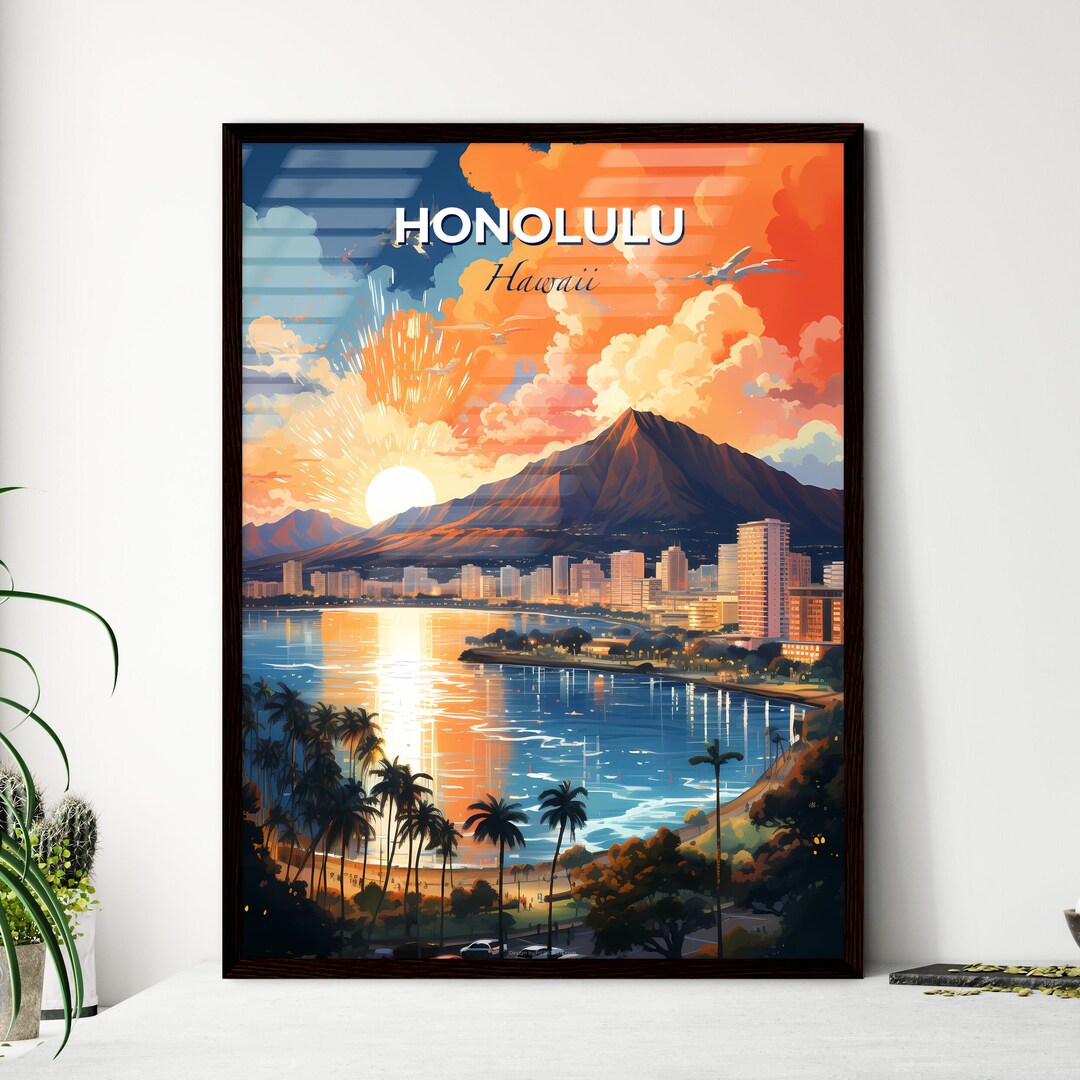 A Poster of Honolulu Hawaii Skyline A City Next to A Body of Water ...
