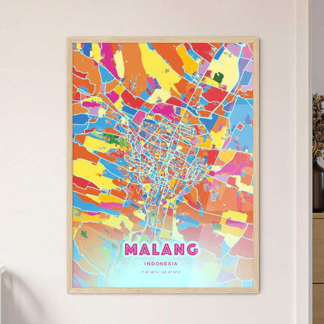 Malang Indonesia Crazy Colorful Art Map Customizable Poster Print ...