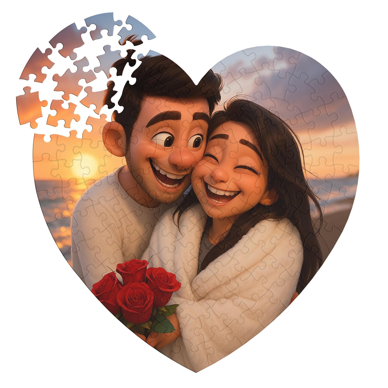 Custom Cartoon Portrait Puzzle – Heart Shaped Photo Gift, 3D Animated Style Jigsaw for Couples ...