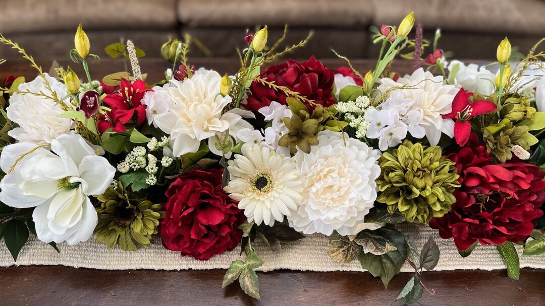 3 Ft or 4 Ft Red and Ivory Garland, Luxe Faux Floral Runner, Spring ...