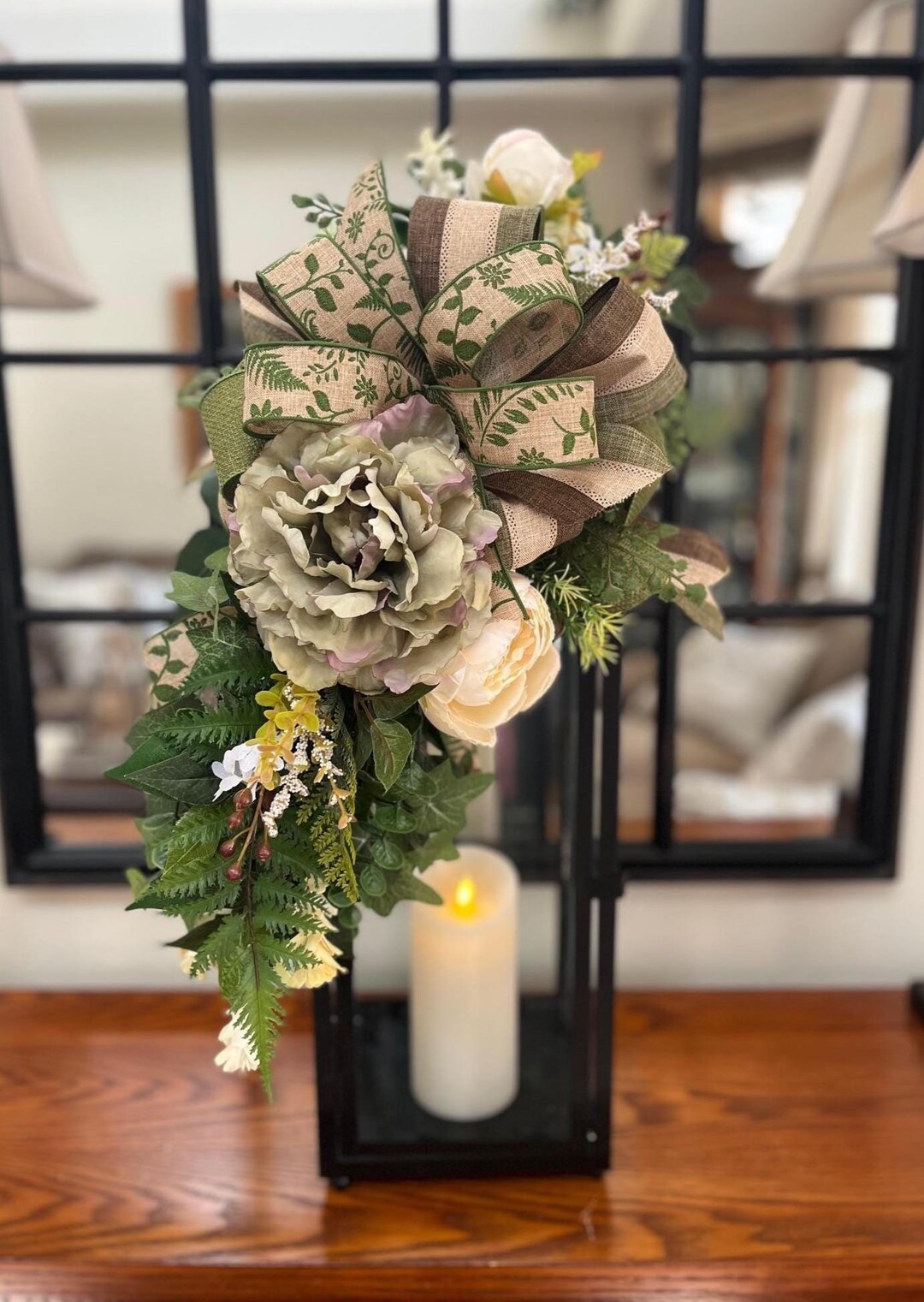 Spring/summer Lantern Swag, Natural Lantern Topper, Green Cream Lantern ...