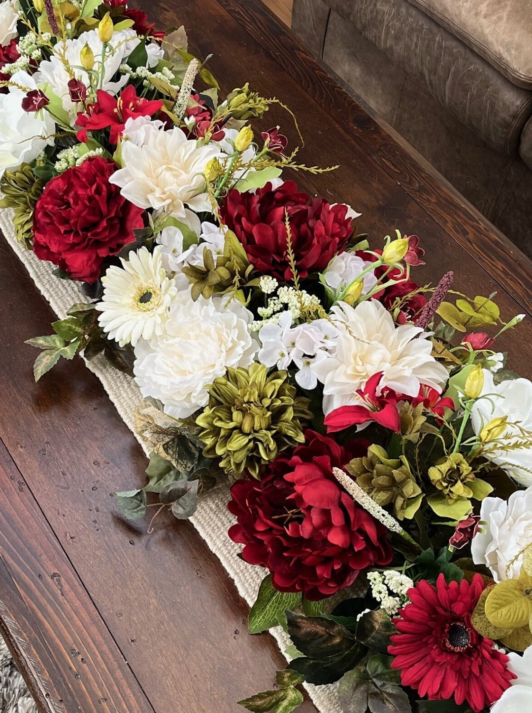 5 Ft or 6 Ft Red and Ivory Garland, Luxe Faux Floral Runner, Spring ...