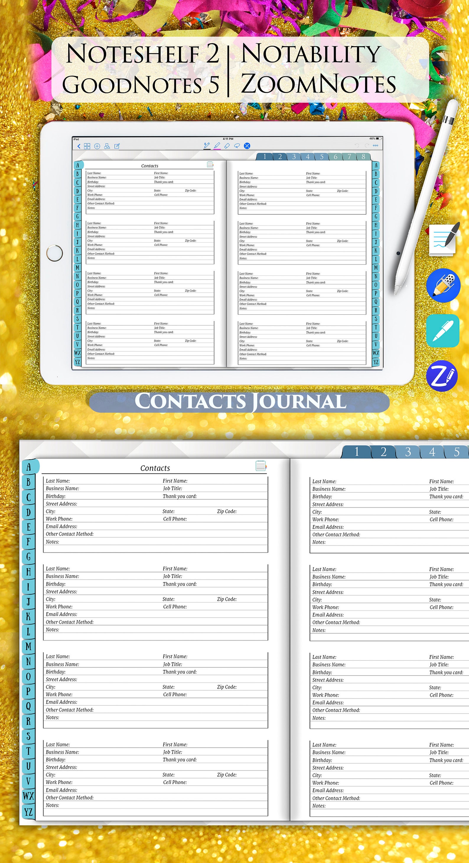 Digital Contacts Journal for Noteshelf2 Goodnotes Notability | Etsy