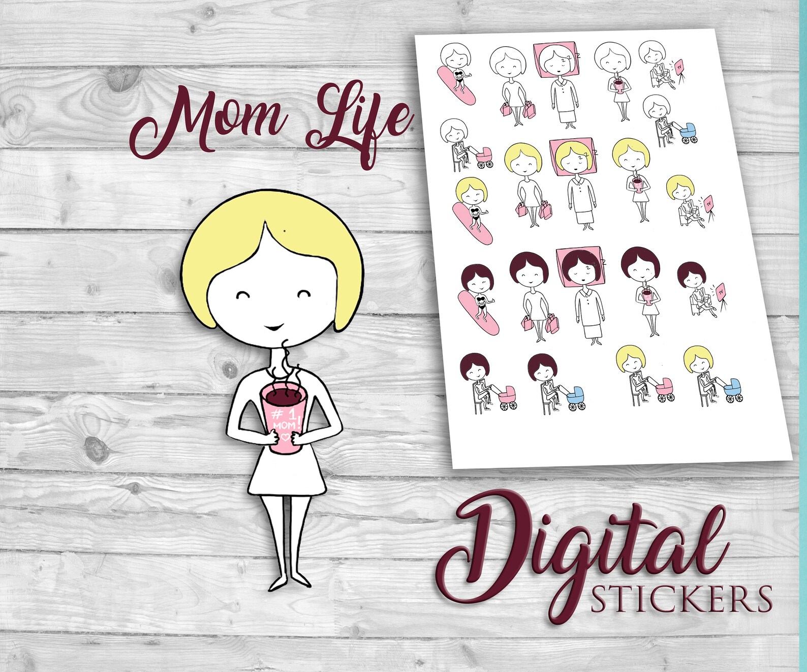 Digital Stickers Mom Life Printable PNG Stiker Goodnotes Black - Etsy