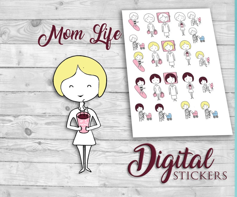 Digital Stickers Mom Life Printable PNG Stiker Goodnotes Black | Etsy