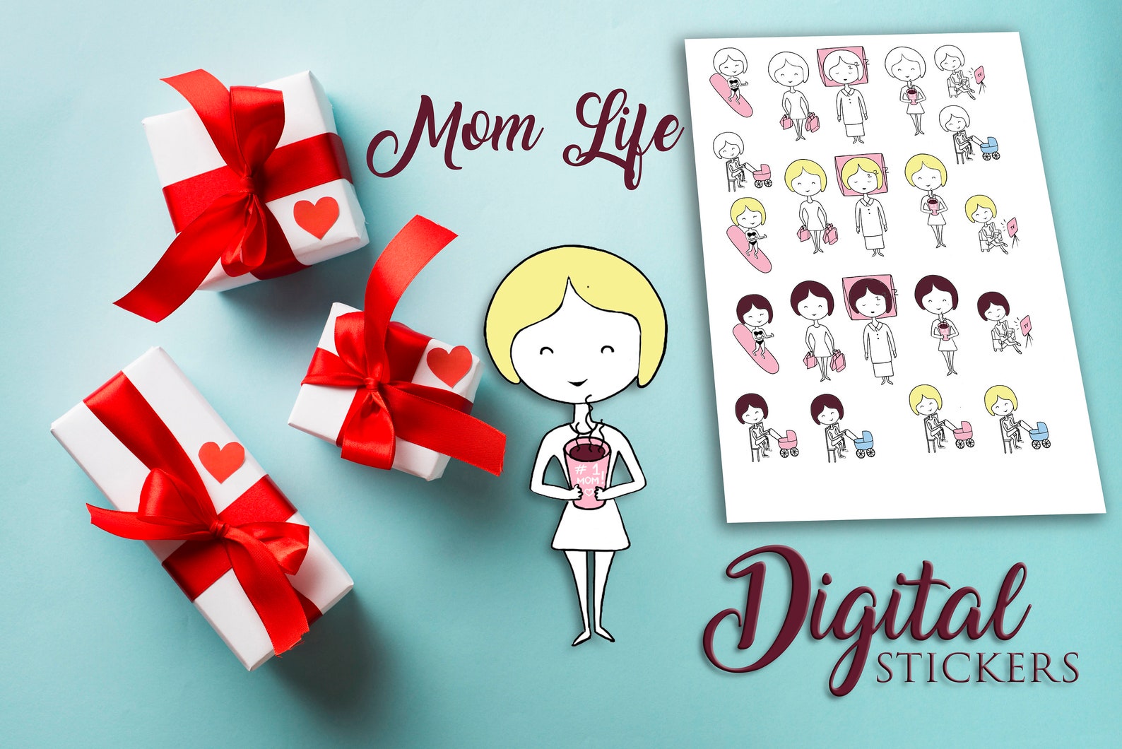 Digital Stickers Mom Life Printable PNG Stiker Goodnotes Black - Etsy
