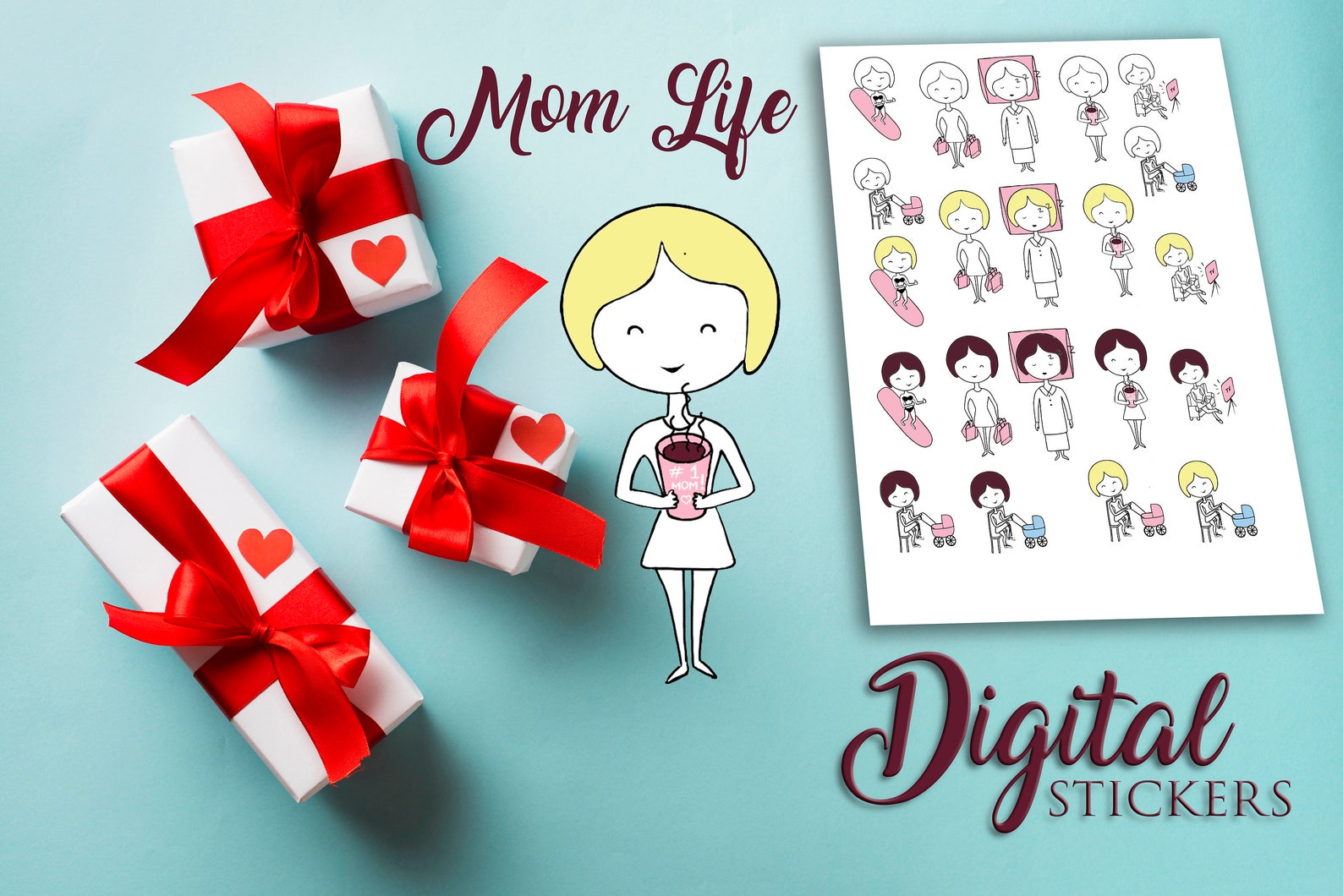 Digital Stickers Mom Life Printable PNG Stiker Goodnotes Black - Etsy
