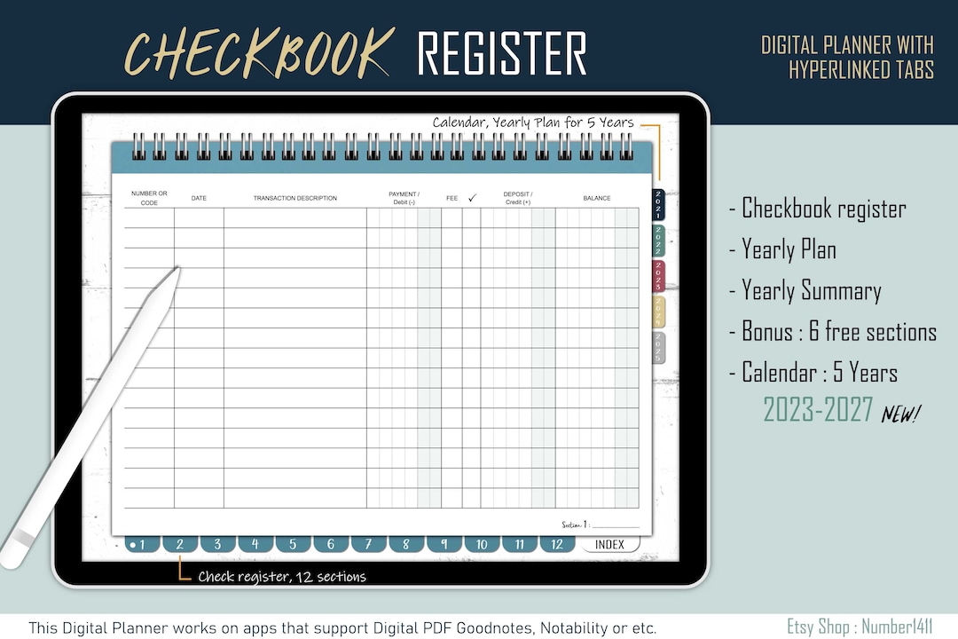 Checkbook Register With 5 Year Calendar, Digital Planner With ...