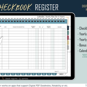 Checkbook Register With 5 Year Calendar, Digital Planner With ...