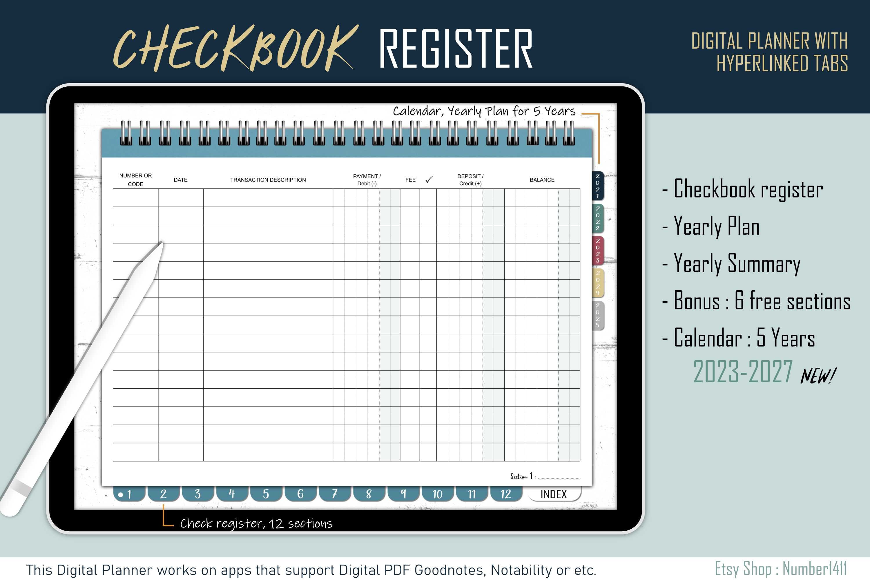 Checkbook Register With 5 Year Calendar, Digital Planner With ...