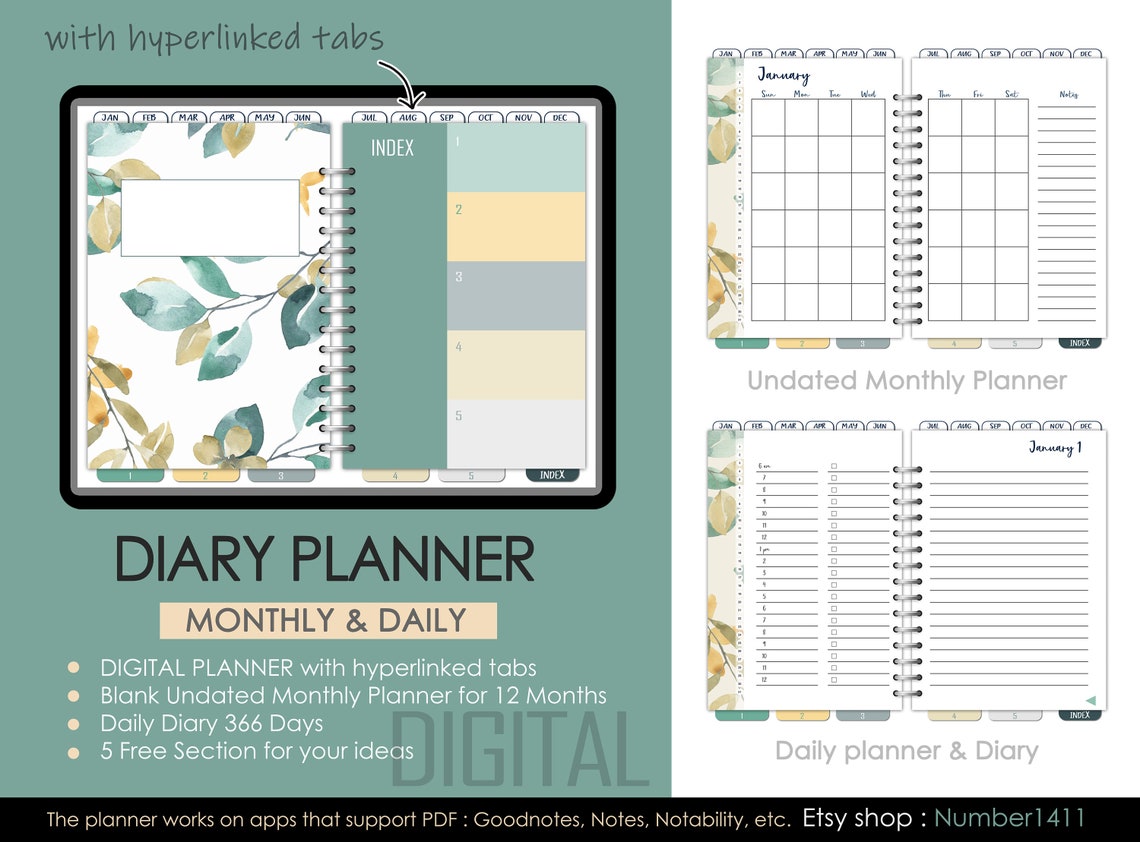 Digital Diary, Monthly Planner, Undated Digital Planner, Personalized ...
