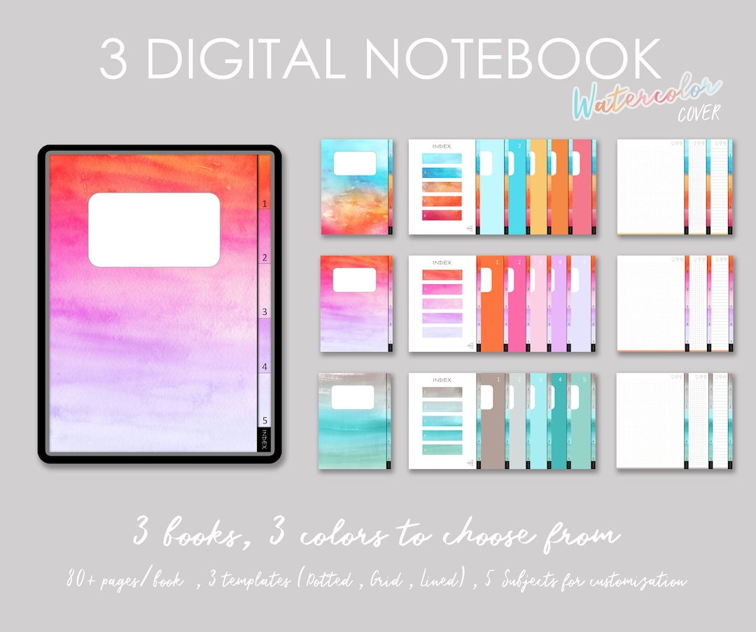 3 Digital Notebook for Goodnotes and Watercolor Painting on Cover ...