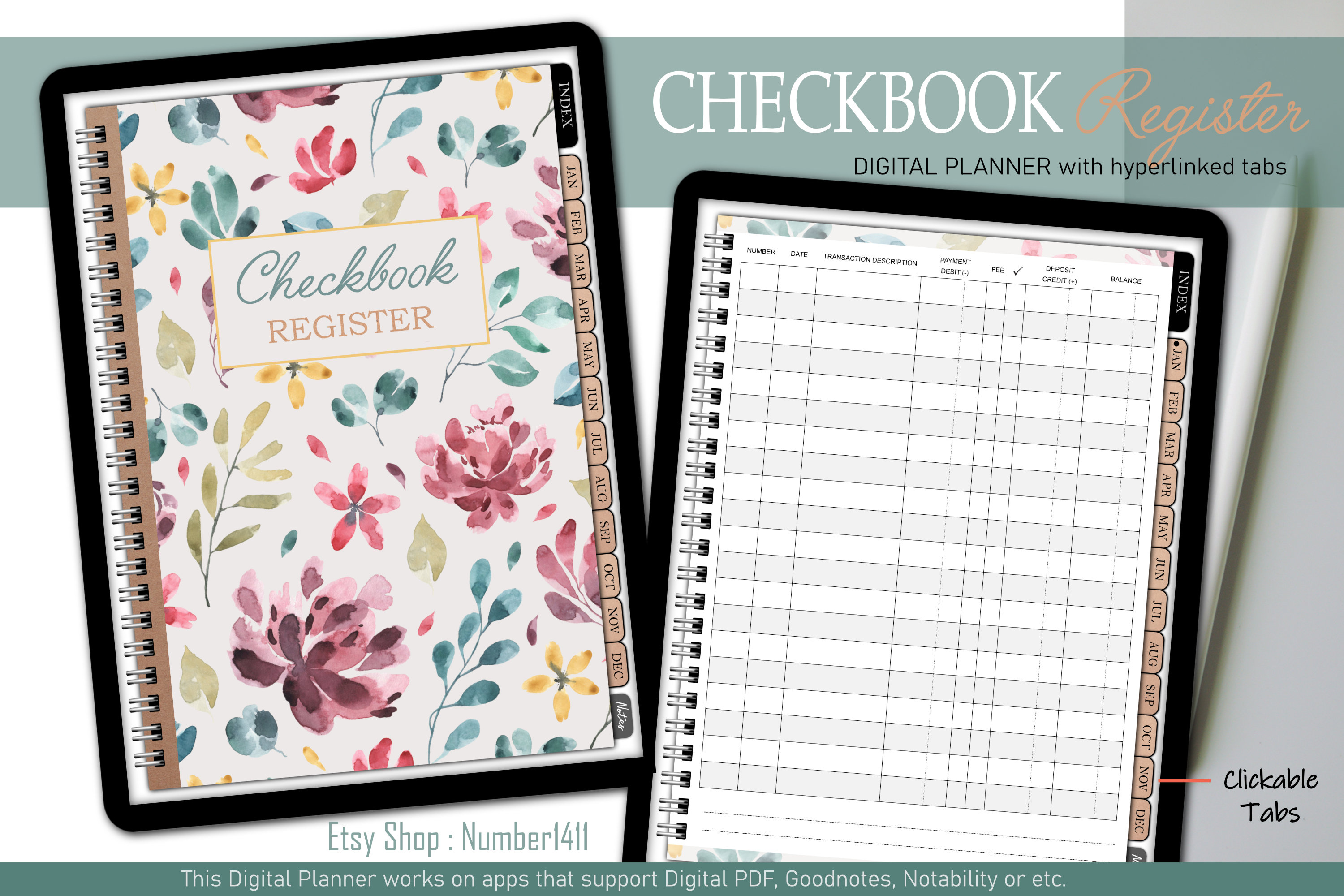 Digital Checkbook Register, Digital Planner With Hyperlinked Tabs for ...