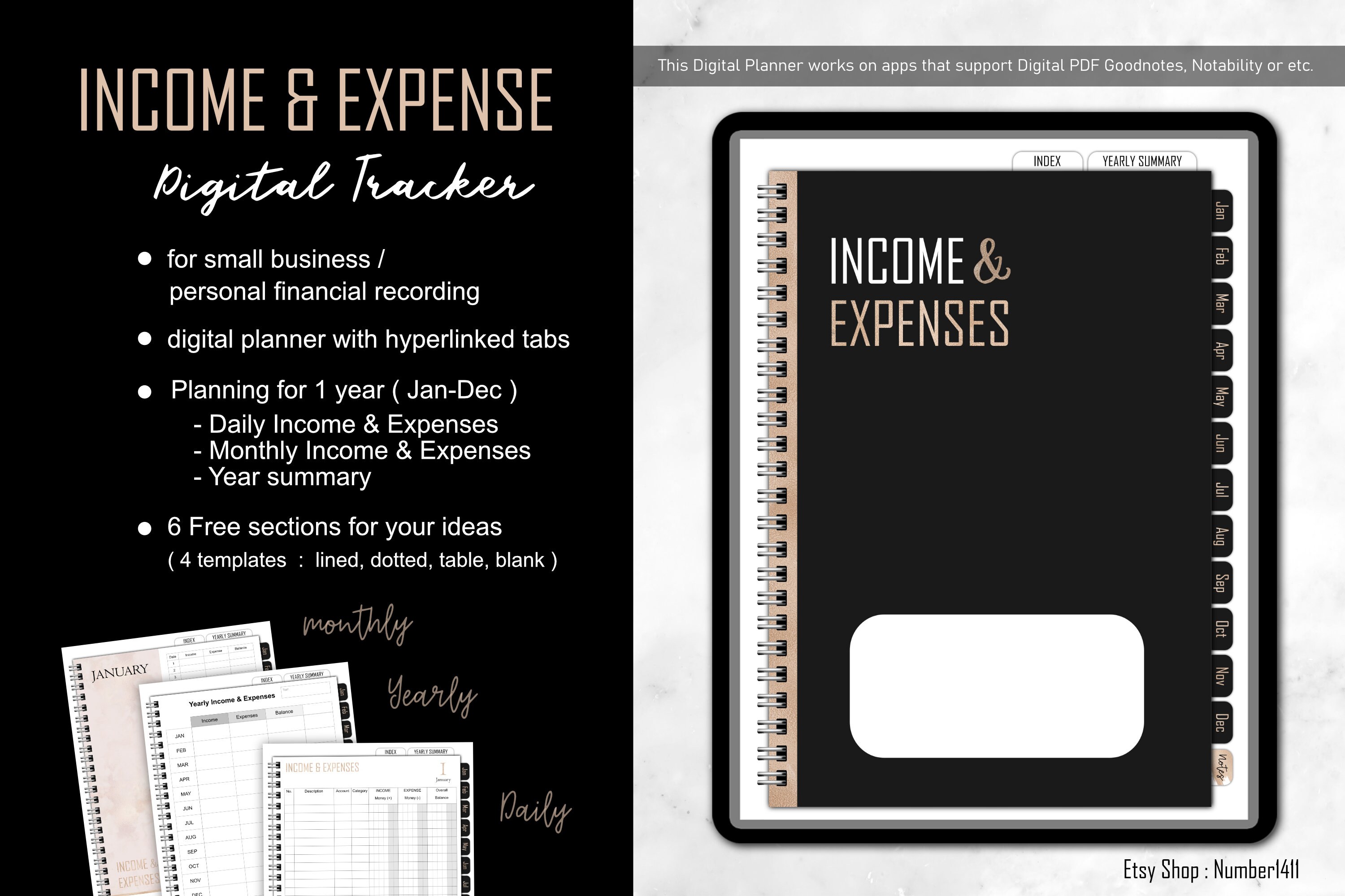 Income & Expense Tracker With Hyperlinked Tabs, Digital Finance Planner ...