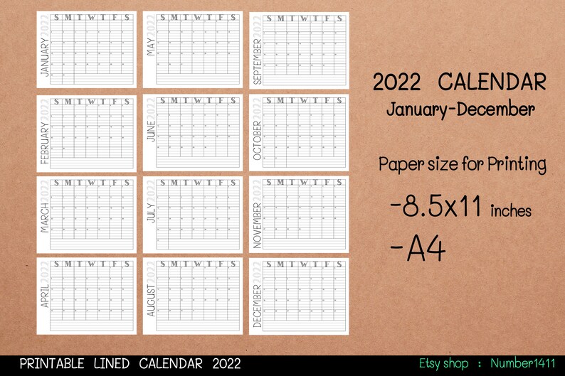 Printable Lined Calendar 2022 L 2022 Monthly Planner L 2022 Calendar ...