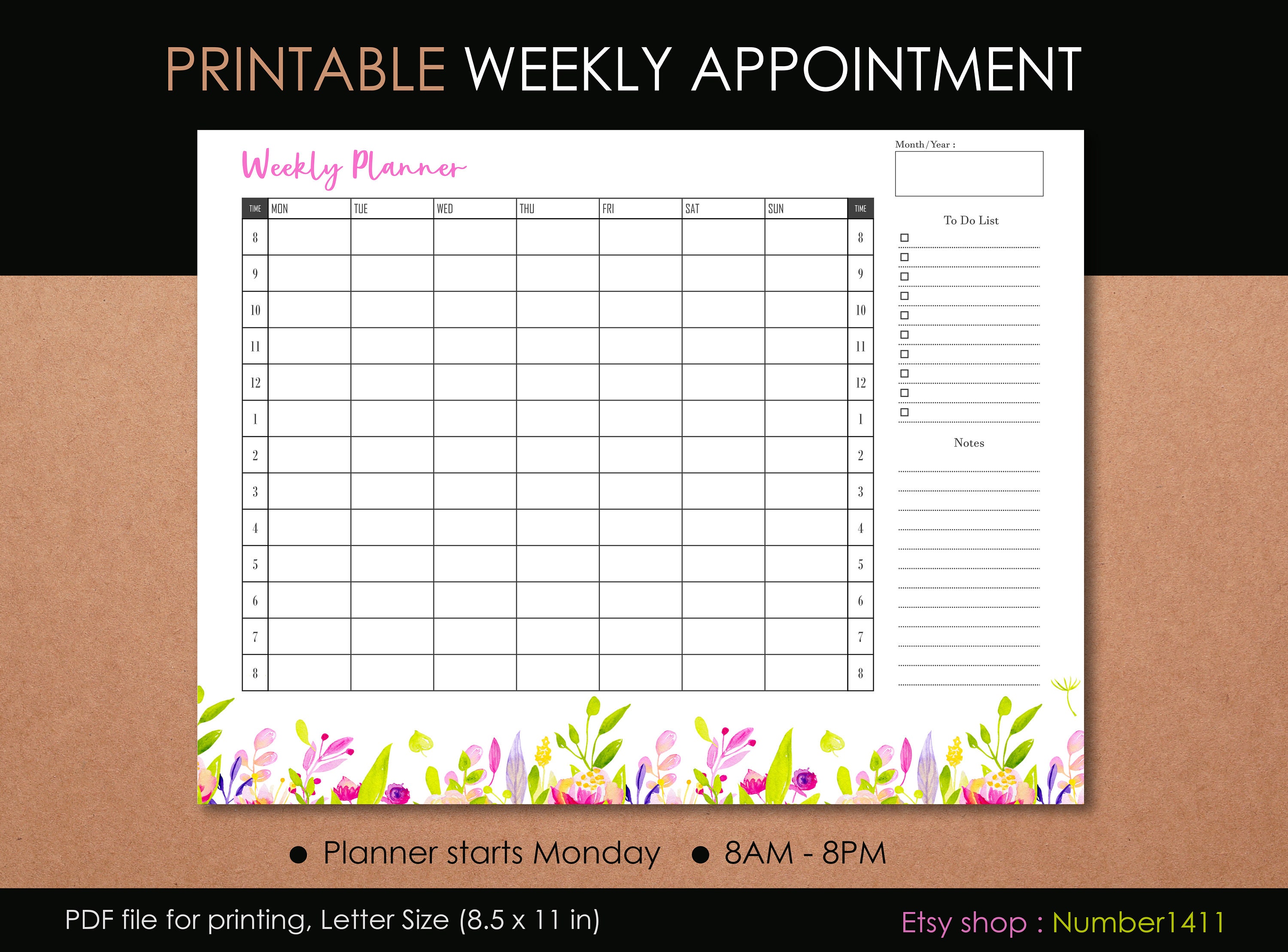 Printable Hourly Appointment, Weekly Planner, Flower Art Border ...