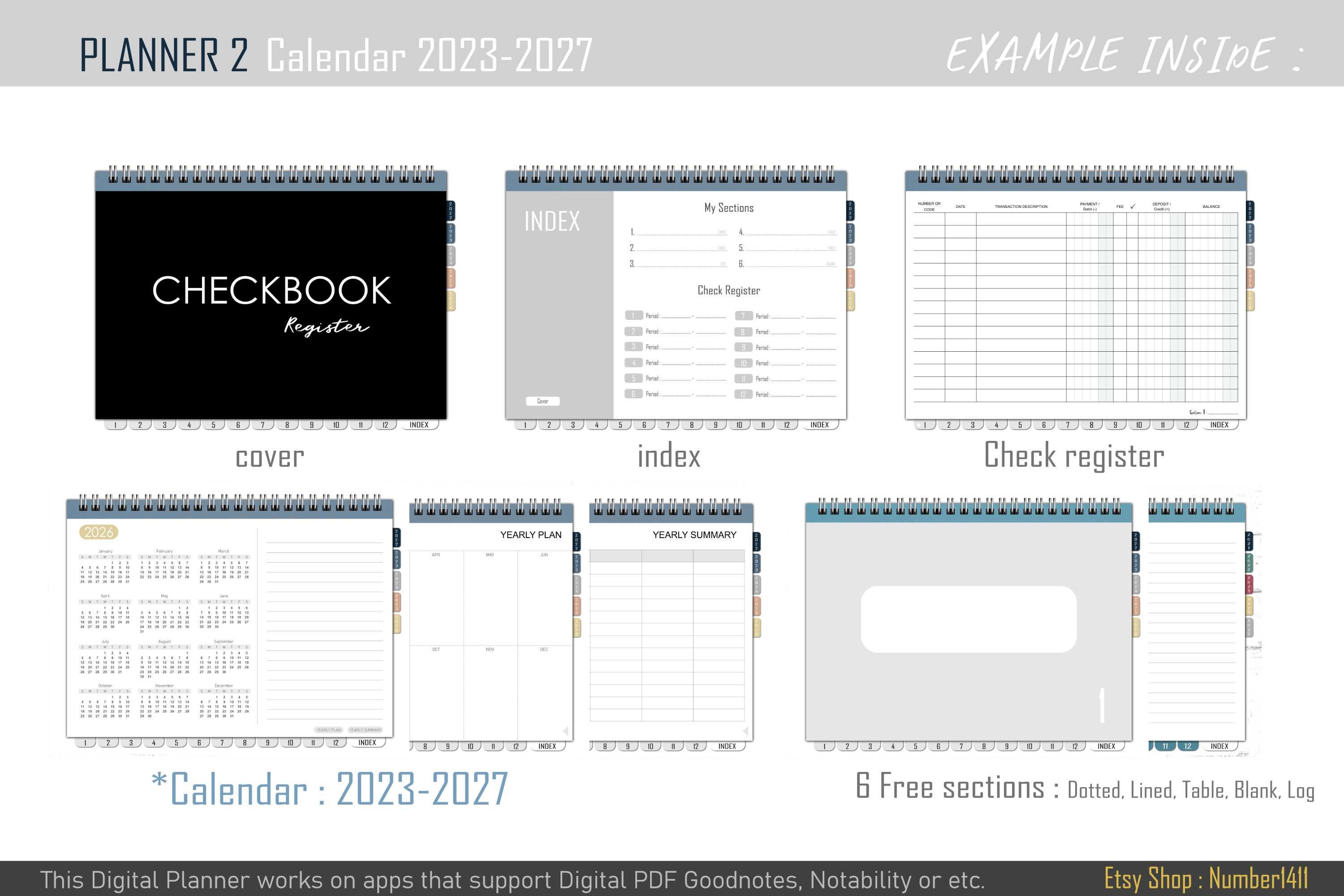 Checkbook Register With 5 Year Calendar, Digital Planner With ...