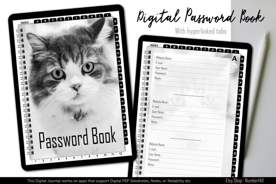 Cat Password Book Digital Notebook With Hyperlinked Tab | Etsy
