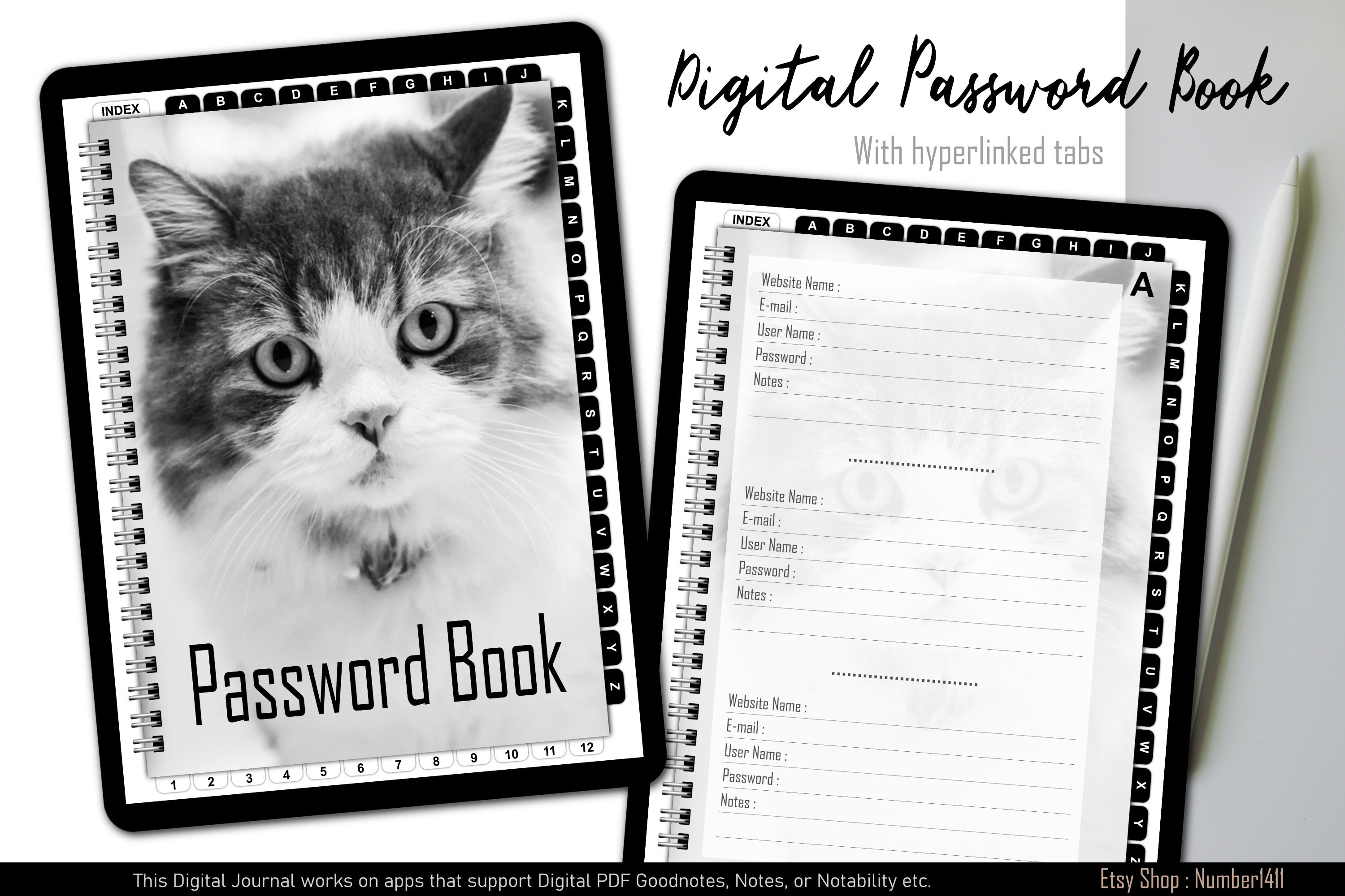 Cat Password Book, Digital Notebook With Hyperlinked Tab, Password ...
